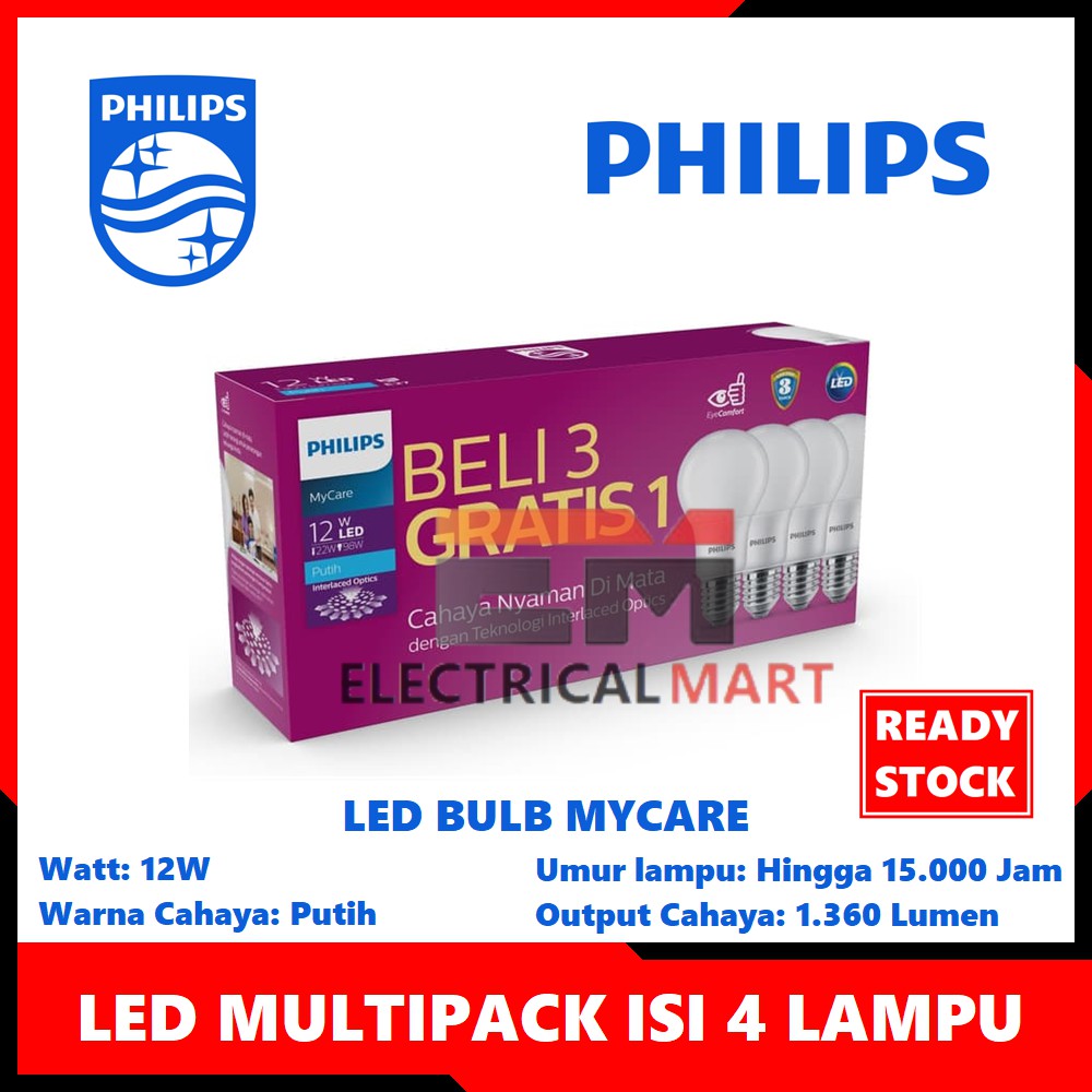 Jual (Paket 4 pcs) Lampu Bulb LED Philips MyCare Multipack 12W Putih (Bundling 12 Watt) Original ...