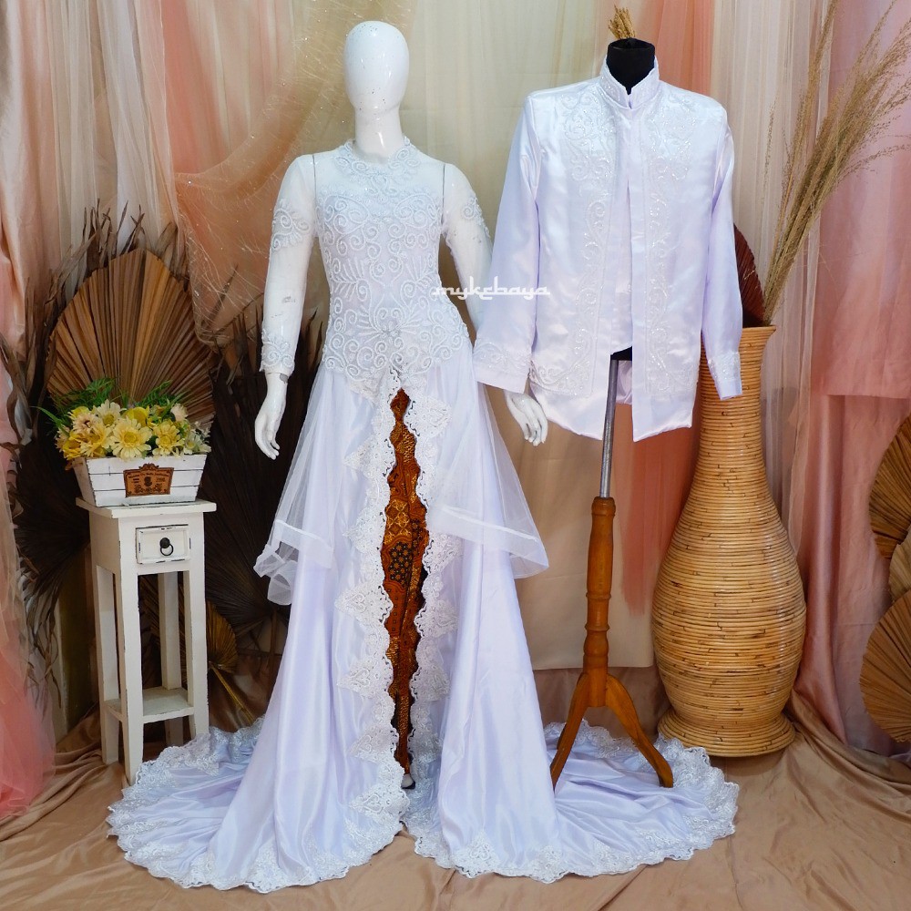 Jual Kebaya Gaun Akad Lamaran Putih Couple Pengantin Resepsi Modern ...