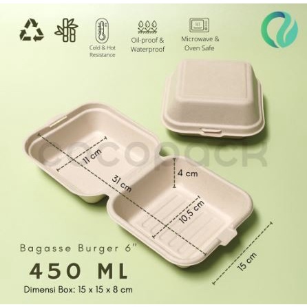 Jual Bagasse Clamshell 6 inch Burger Box 450ml Natural BROWN Food ...