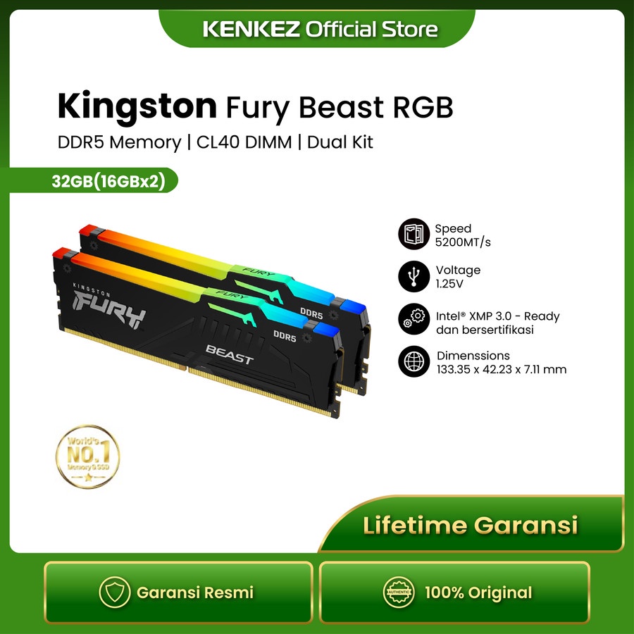 Jual Kingston FURY BEAST Seri Tangguh RGB 32GB DDR5 5200MHz CL40 -16GBx2 | Shopee Indonesia