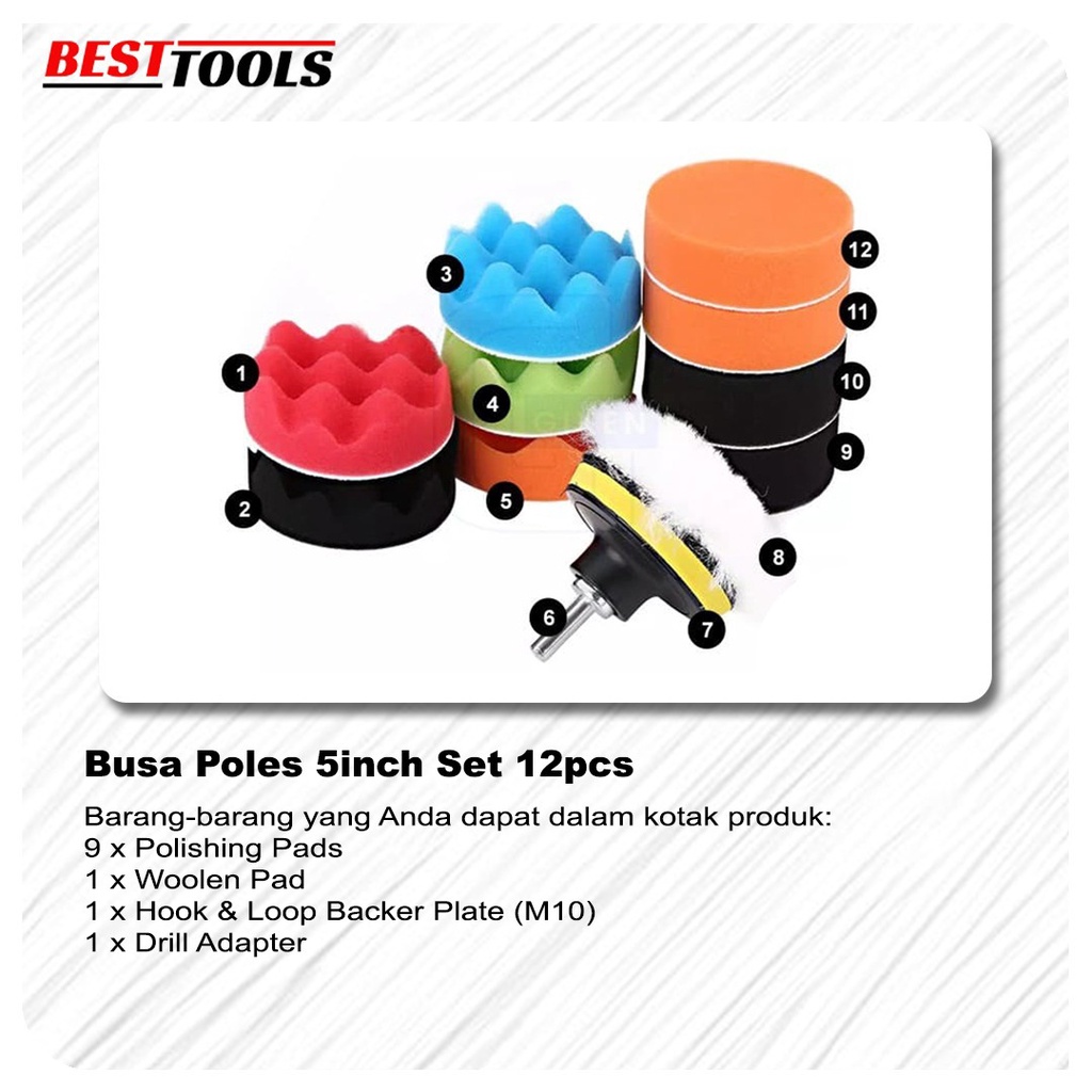 Jual Busa Poles set 5inch 12pcs Sponge Polishing Set Car Buffing Pads ...