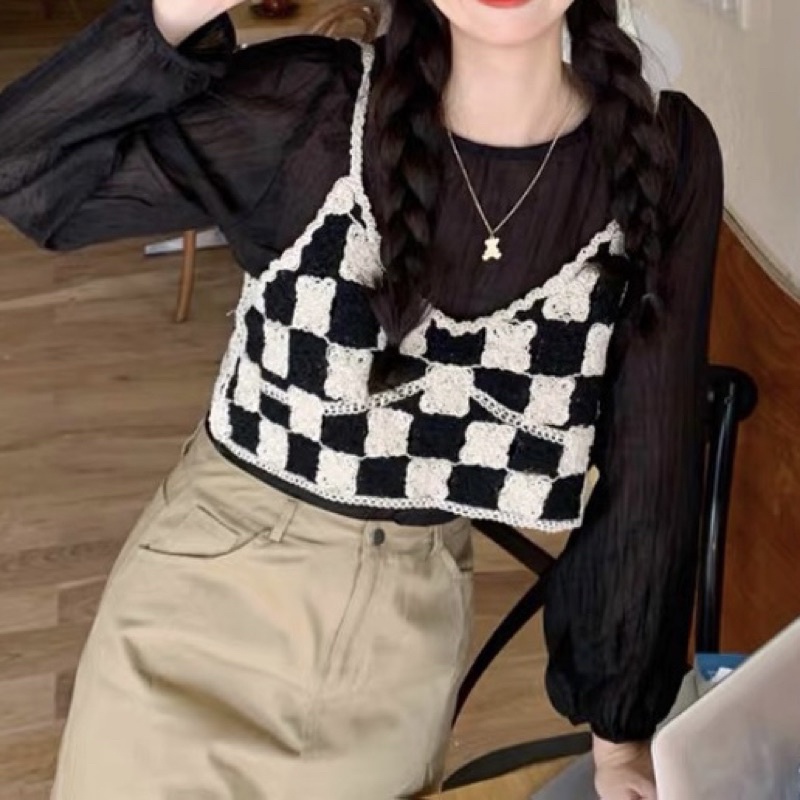 Jual Premium Knit Crop Top atasan wanita rajut blouse korean outfit Korean Sexy Lace Crochet ...