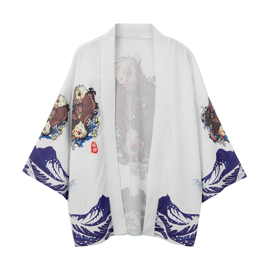 Jual kimono outher kimono cowok Kimono Pria Jepang Motif Gelombang Ikan Mas Putih Obi Cardigan ...