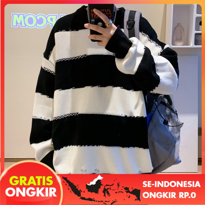 Jual Outerwear Pria Robek Sweater Pria Tebal Desain Bergaris In Korea ...