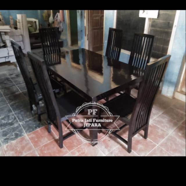 Jual Meja makan panjang warna hitam kursi 6 jati model polos simpel minimalis | Shopee Indonesia