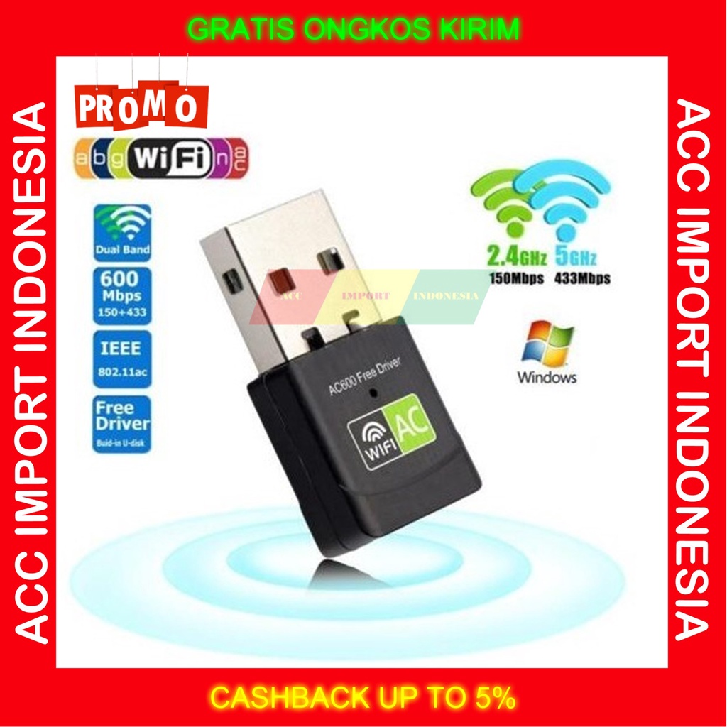 Jual USB Adapter Wifi Untuk Laptop PC Desktop Dual Band 5GHZ 600Mbps ...
