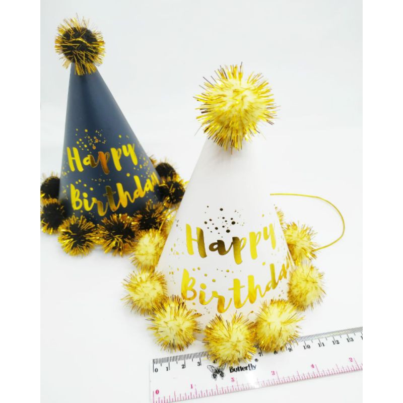 Jual TOPI ULANG TAHUN KERUCUT POMPOM RUMBAI 01 / TOPI HAPPY BIRTHDAY ...
