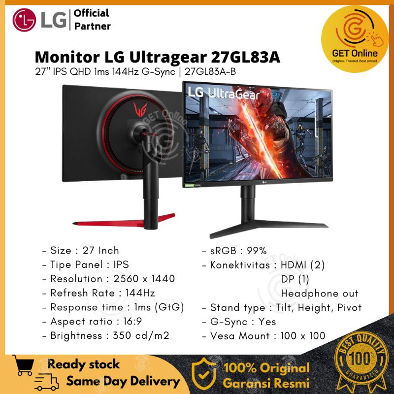 Jual Monitor LED LG 27GL83A 27" IPS QHD 144Hz 1ms | 27GL83A-B | Shopee ...