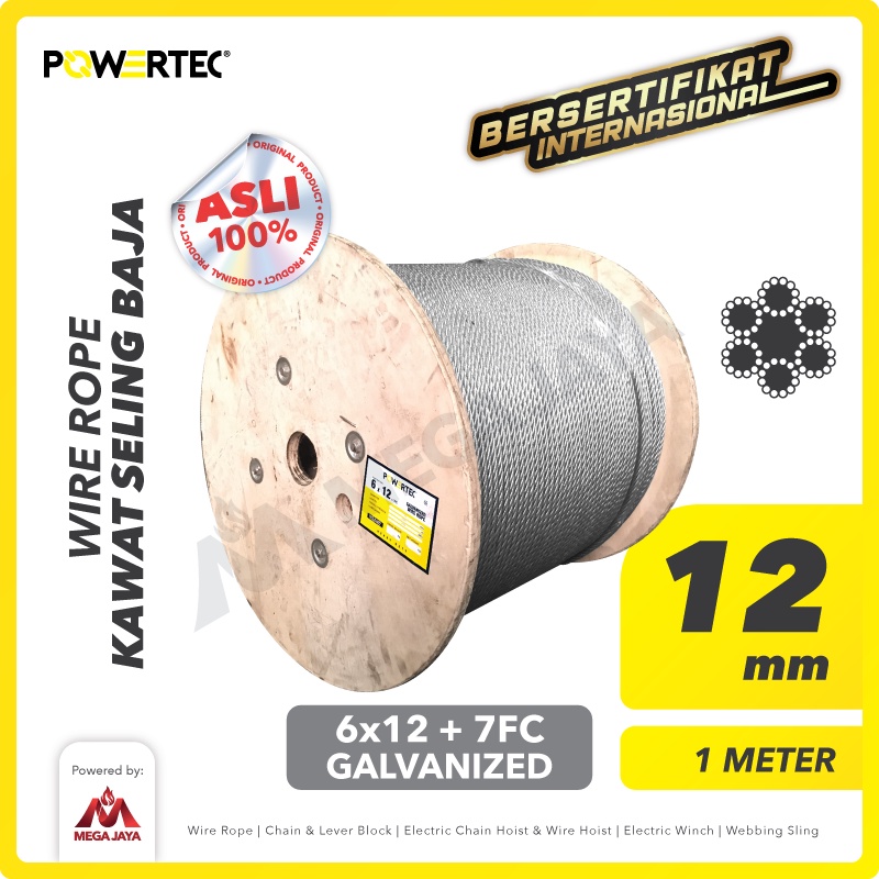 Jual POWERTEC Wire Rope / Kawat Seling Baja 6x12 7FC 12mm Galv - 1 Meter | Shopee Indonesia
