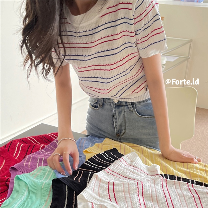 Jual Kaos Rajut Lengan Pendek Wanita Striped T-shirt Knit Atasan Korean Style | Shopee Indonesia