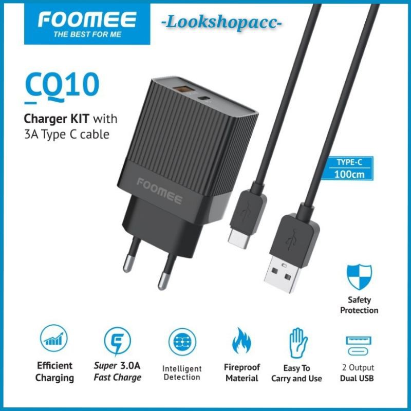 Jual FOOMEE CQ10 charger QC+PD18W Type-C set Hitam + Cable type C ...