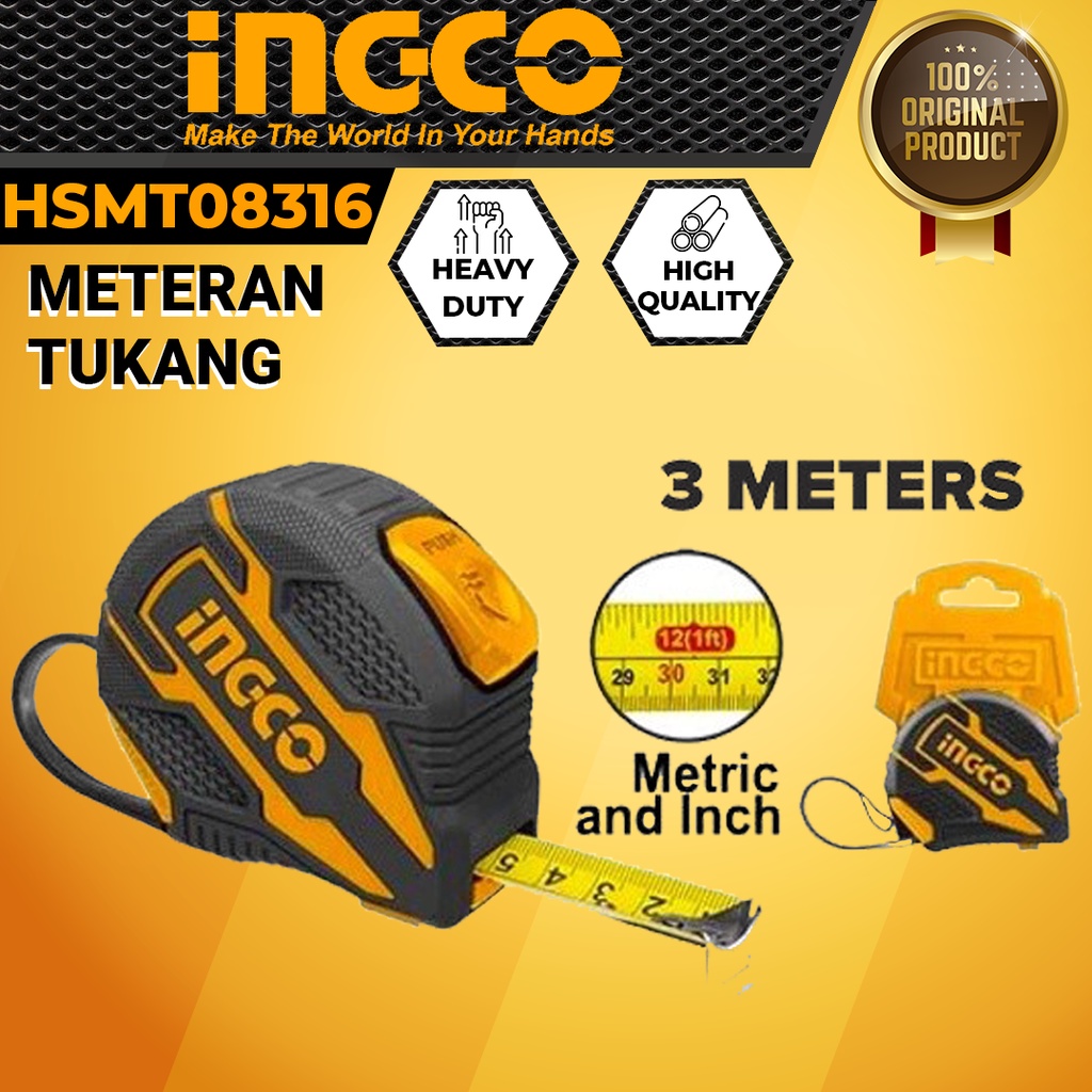 Jual Meteran 3M INGCO HSMT08316 Meteran 3 Meter HSMT08316 INGCO Tukang Bangunan Roll Meteran ...