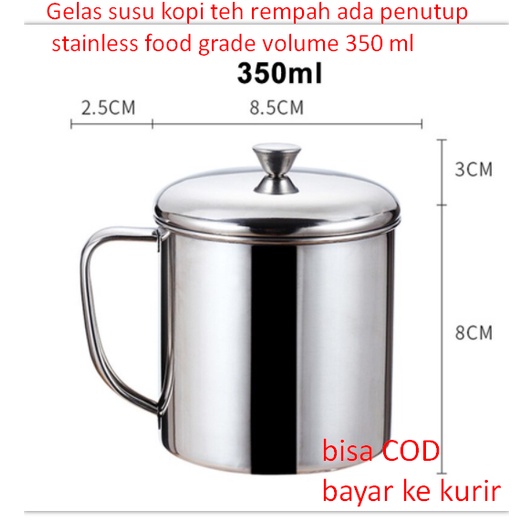 Jual Gelas susu kopi teh rempah ada penutup stainless food grade volume ...