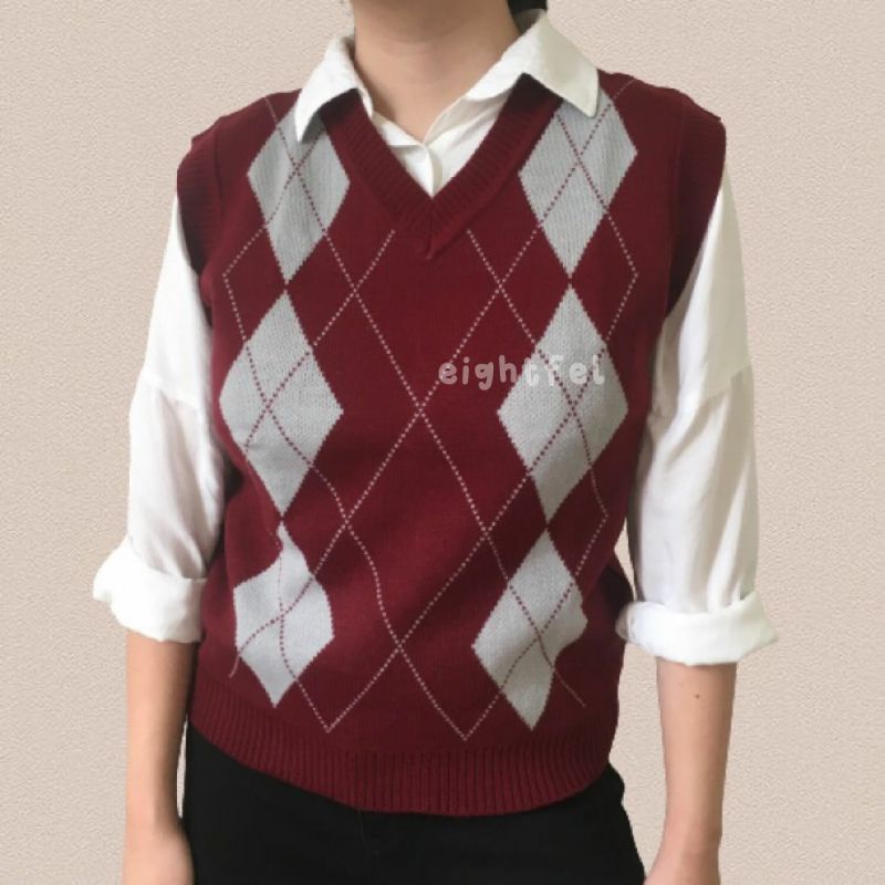 Jual RUBY - Outer Knit Vest Rompi Rajut Diamond Vintage Maroon Red ...