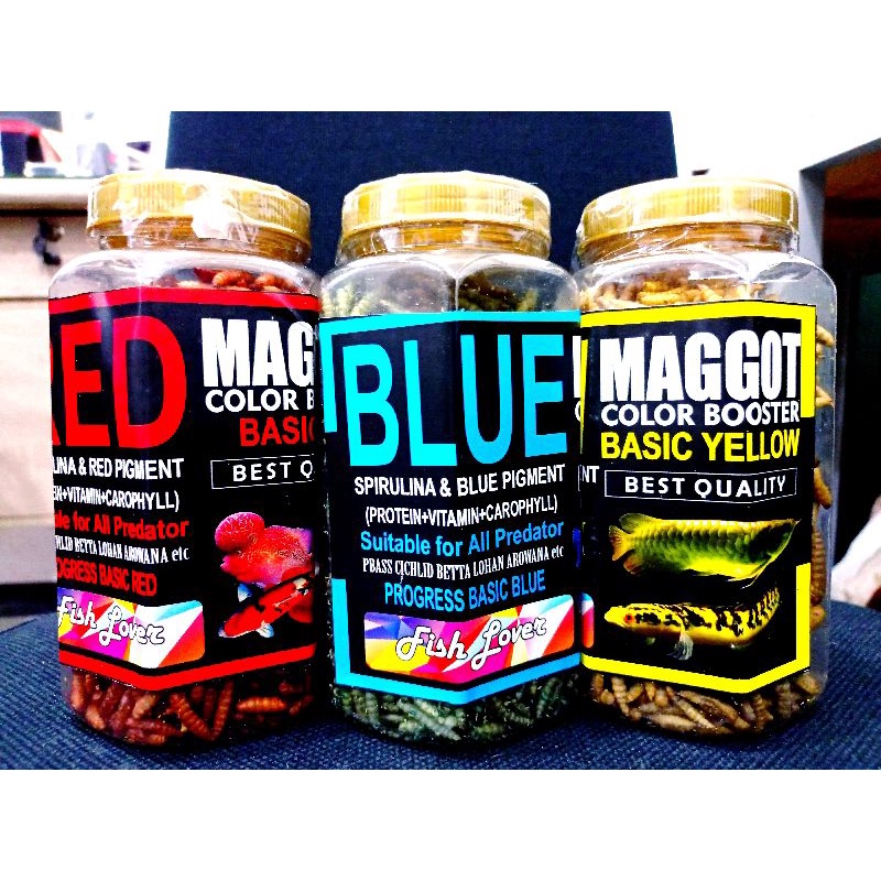 Jual Makanan Ikan Predator Maggot Kering FISH LOVER MAGGOT BLUE YELLOW ...