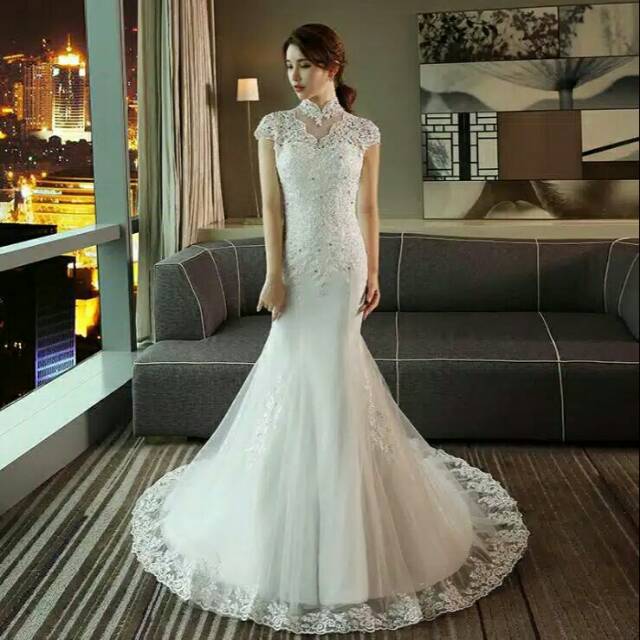 Jual Gaun pengantin gaun pesta pernikahan mermaid putih elegan slim fit ...