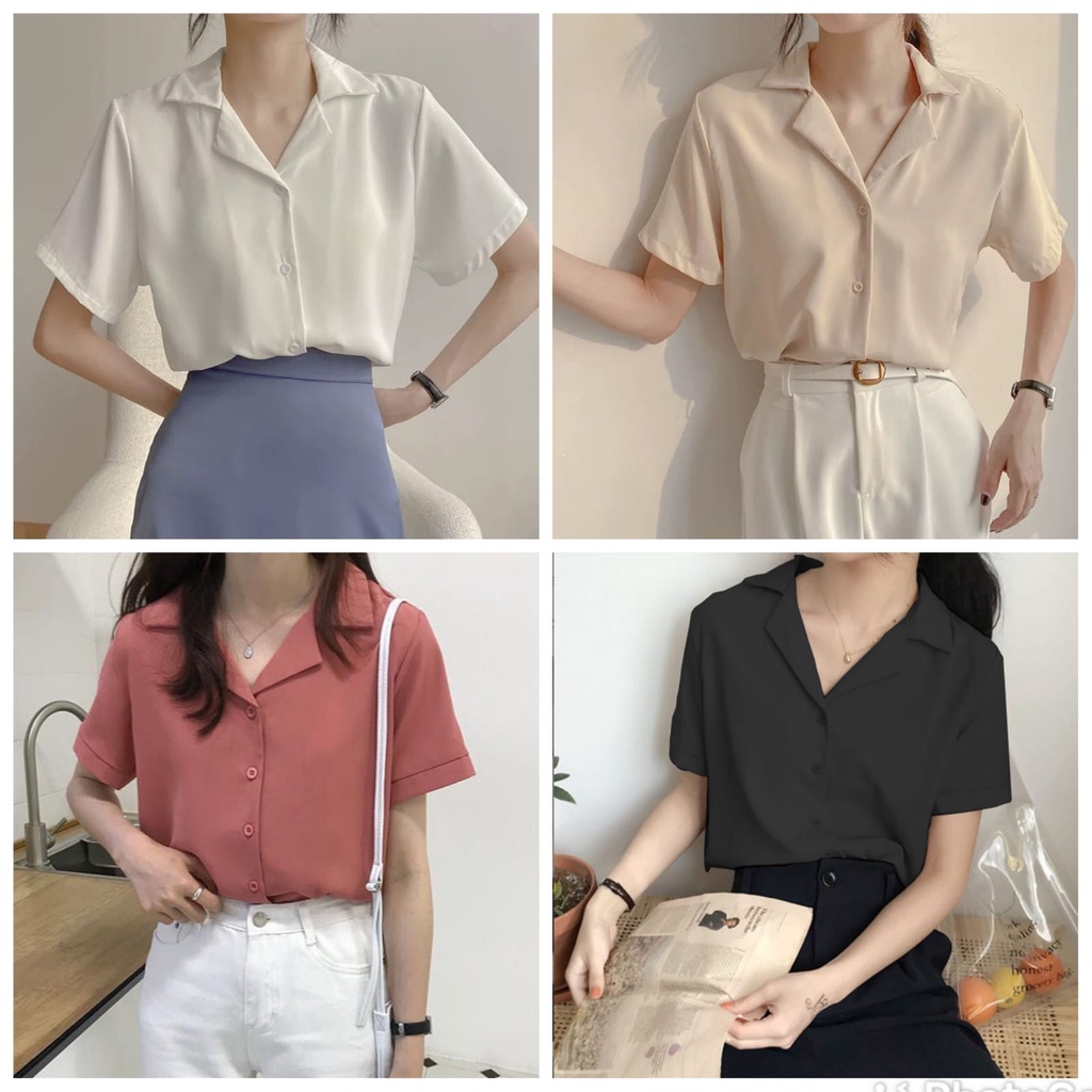 Jual KEMEJA KOREA RETRO LADIES SIMPLE POLOS | Shopee Indonesia