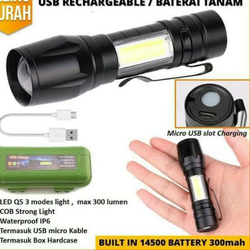 Jual senter led charge cas mini zoom usb murah senter police darurat u ...