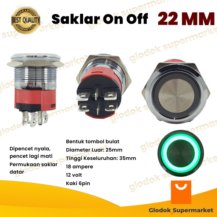 Jual Switch Metal 22mm Push On Off Lampu 6 Pin 18A Saklar Stainless ...
