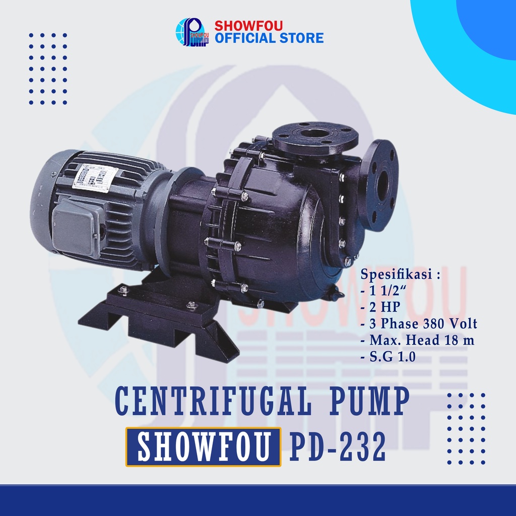 Jual SHOWFOU CENTRIFUGAL PUMP PD-232 2 HP, 3 Phase 1.5 kWatt 1-0.5 Inch ...