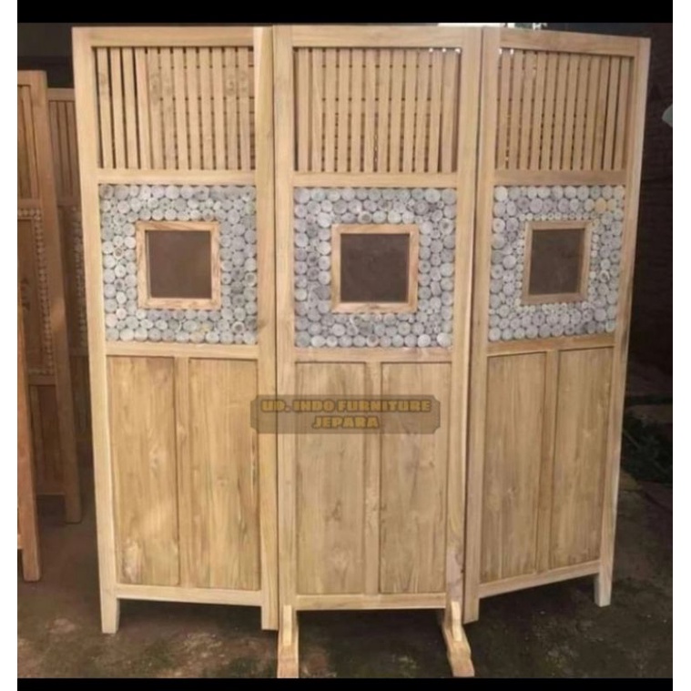 Jual sketsel partisi untuk pemisah/ penyekat ruangan kayu jati 3 pintu ...