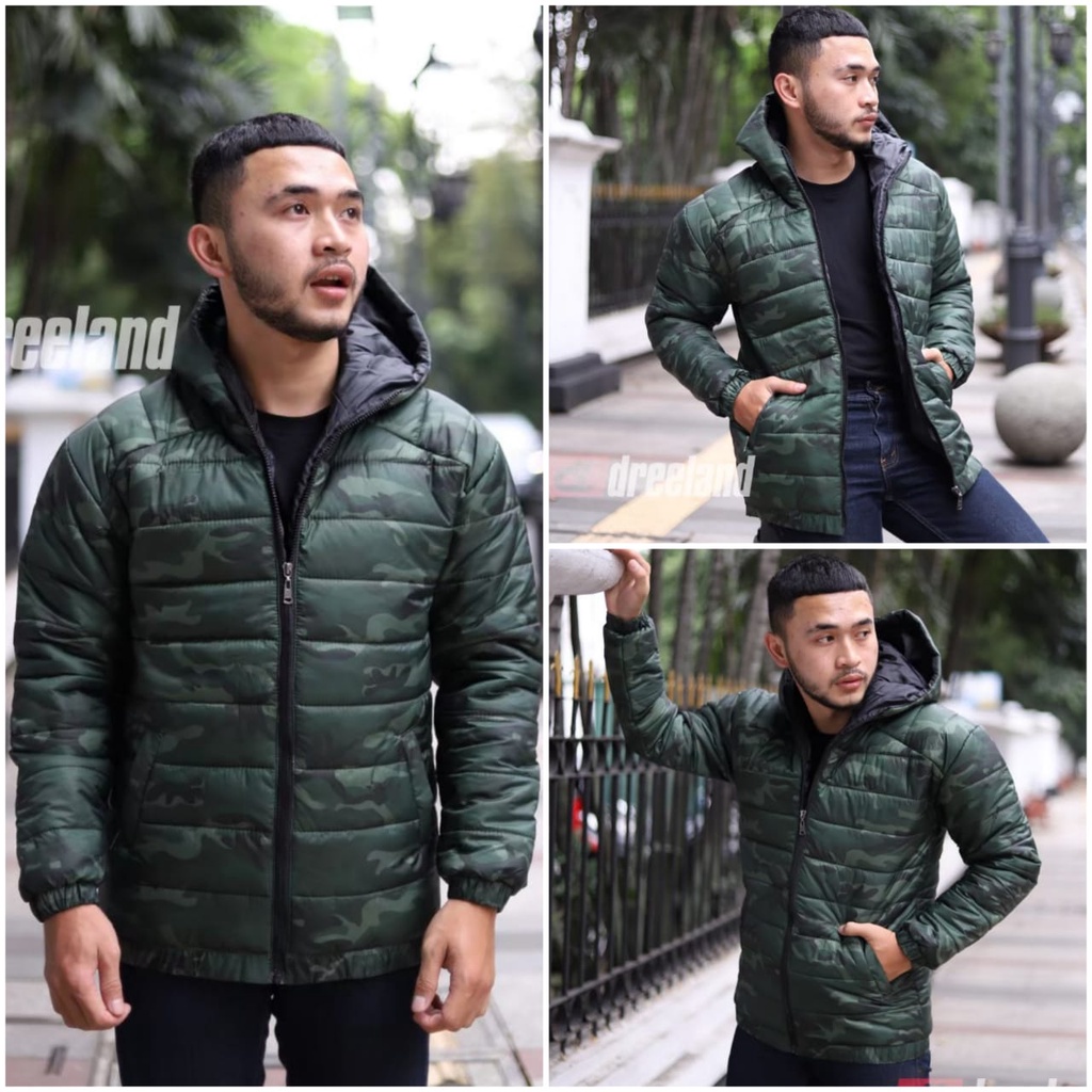 Jual Jaket Puffer / Jacket Winter Loreng (Green) | Shopee Indonesia