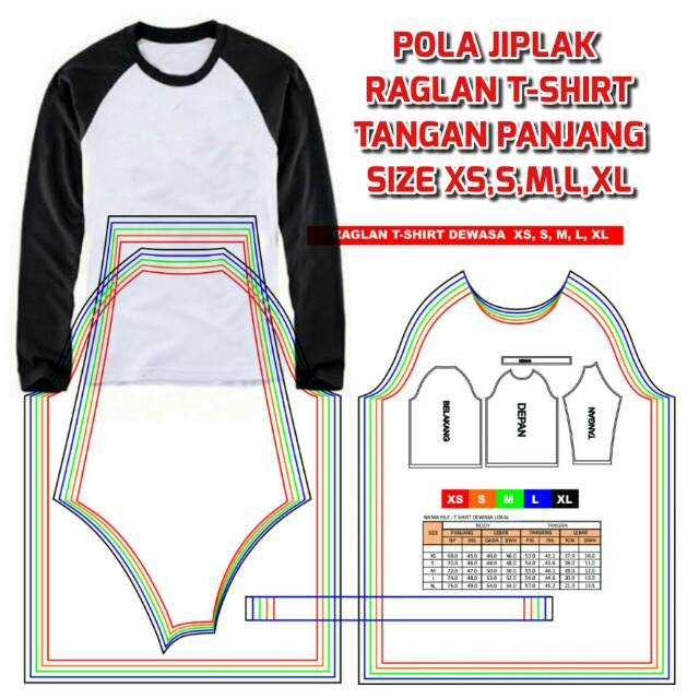 Jual POLA RAGLAN TANGAN PANJANG POLA JIPLAK DAN POLA KERTAS TSHIRT ...