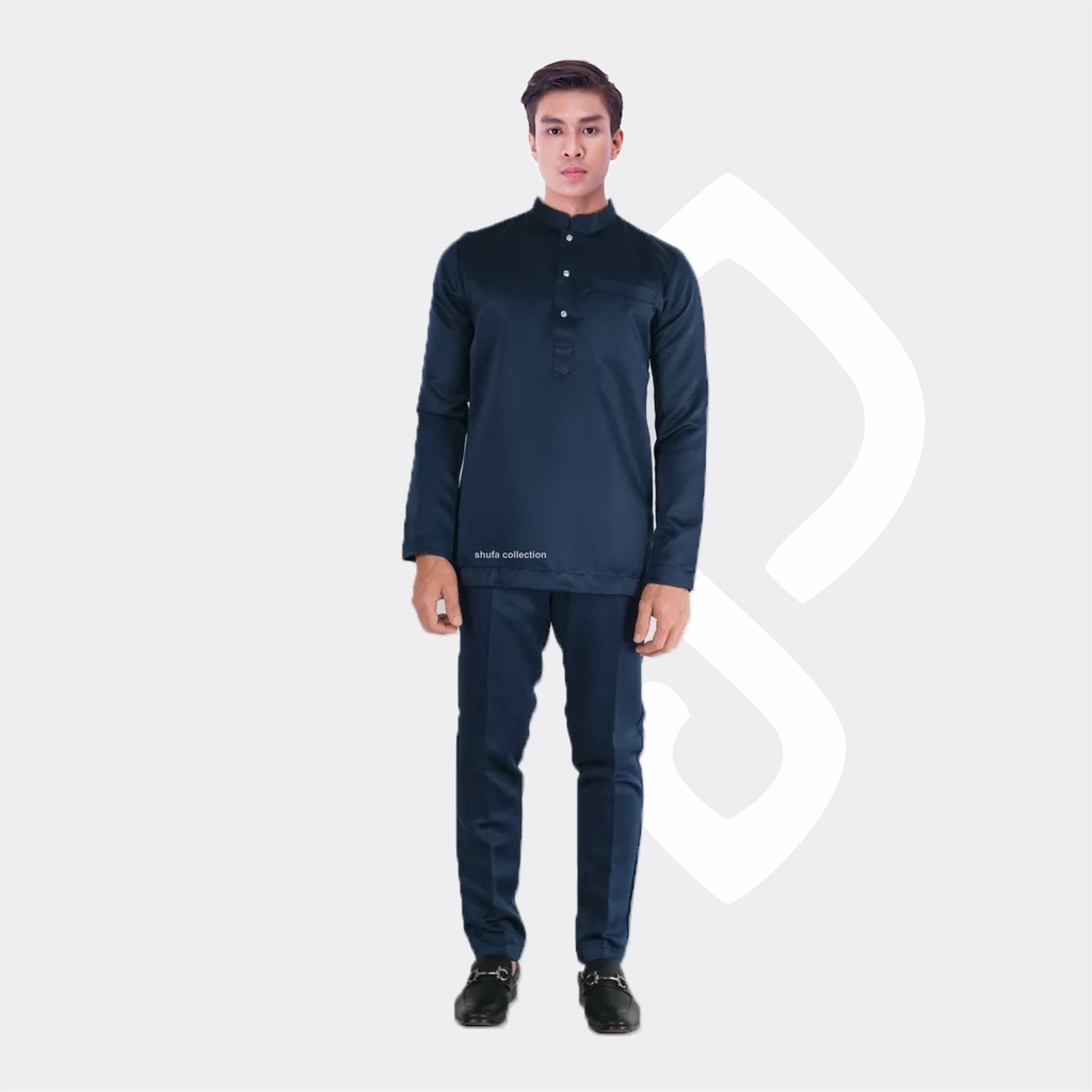 Jual Baju Koko Pria Melayu 3 Kancing Butang Teluk Belanga Navy Bahan ...