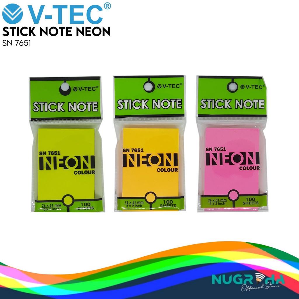 Jual MEMO STICK NOTE STICKY NOTES NEON V-TEC 7651 3X2 INCH | Shopee ...