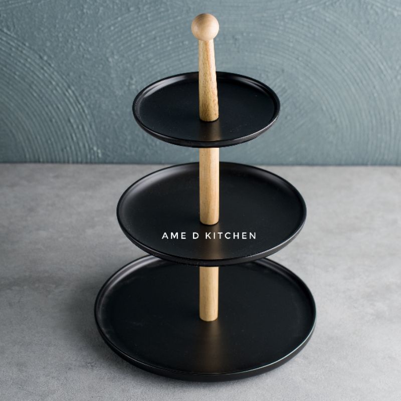 Jual Piring kue susun 3 bulat hitam gagang kayu | Shopee Indonesia