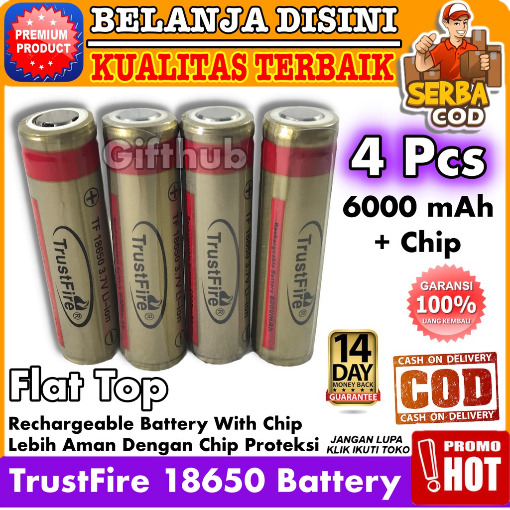 Jual TrustFire Battery 18650 + Chip Rechargeable Flat Top 6000 mAh Baterai Lithium Isi Ulang ...
