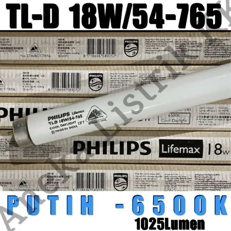 Jual PHILIPS LIFEMAX TL 18W 54 765 PUTIH 6500K 60CM TL-D 18 W WATT T8 ...