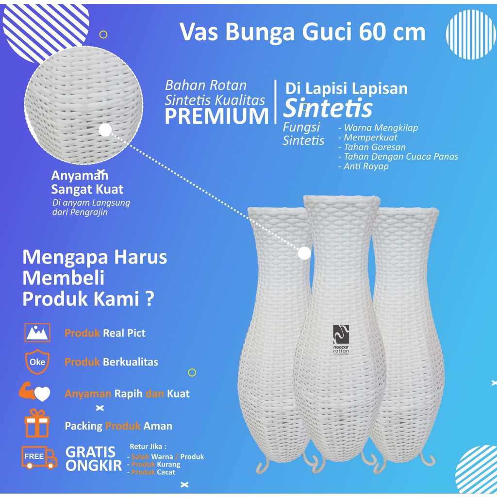 Jual Vas Pot Guci Tempat Bunga dari rotan SINTETIS Tinggi 60 cm ...