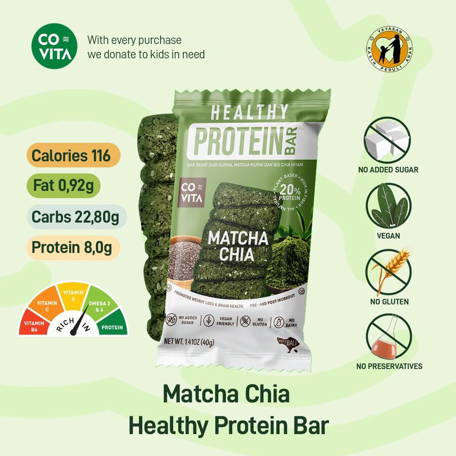 Jual Covita Healthy Protein Bar Matcha Chia - Cemilan Sehat 40g ...