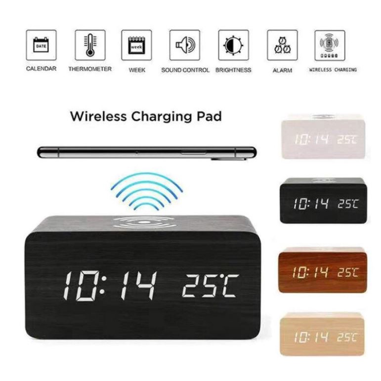 Jual JD-06 Jam Digital Kayu Led Weker Fitur Wireless Charging Wooded ...