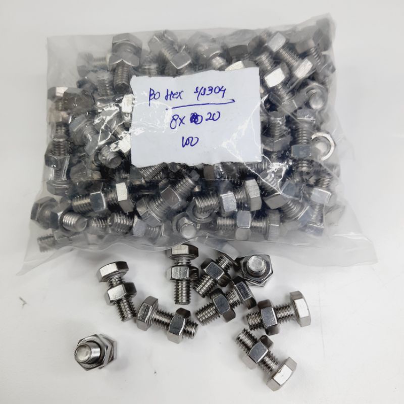 Jual Baut + Mur Hex Bolt + Nut Stainless SS 304 M 8 X 20 mm (Per Set) | Shopee Indonesia