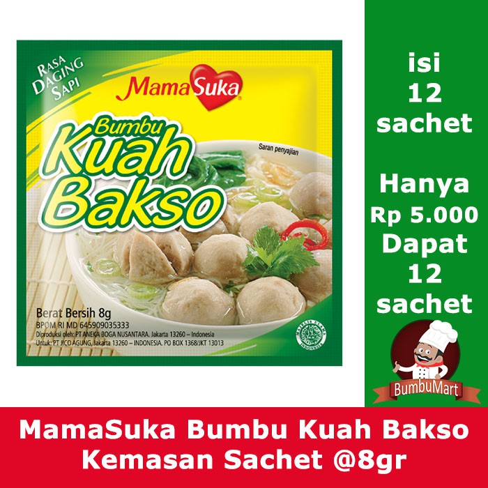 Jual MamaSuka Bumbu Kuah Bakso Sapi Sachet 1 Lusin Isi 12 x 8 gram ...