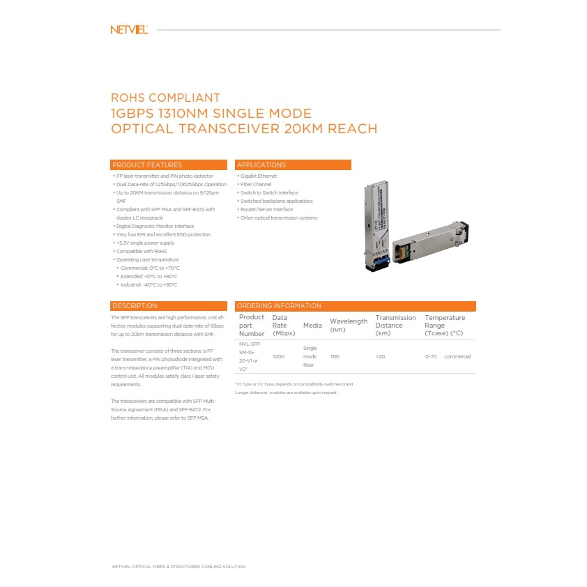 Jual NETVIEL® SFP Module 1000BaseLX SingleMode, 1310 nm, 20Km, Cisco ...