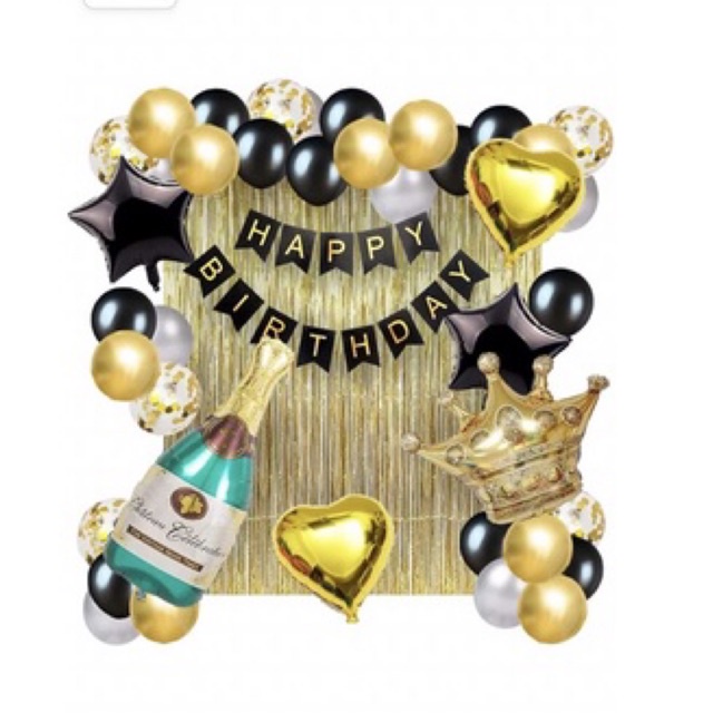Jual Paket Balon Banner Happy Birthday Lengkap Botol dan mahkota Hitam ...