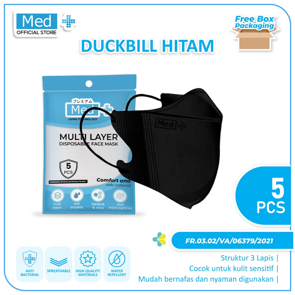 Jual Med+ Masker Duckbill 4Ply Dewasa/Hitam/Putih 5 Pcs / Dan Masker ...