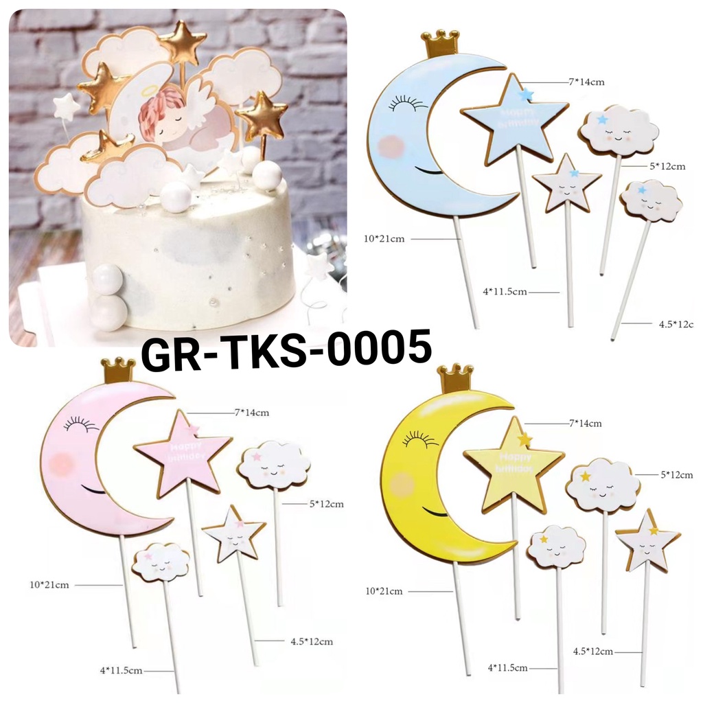 Jual GR-TKS-0005 Cake topper kertas tusuk hiasan kue bulan bintang awan | Shopee Indonesia