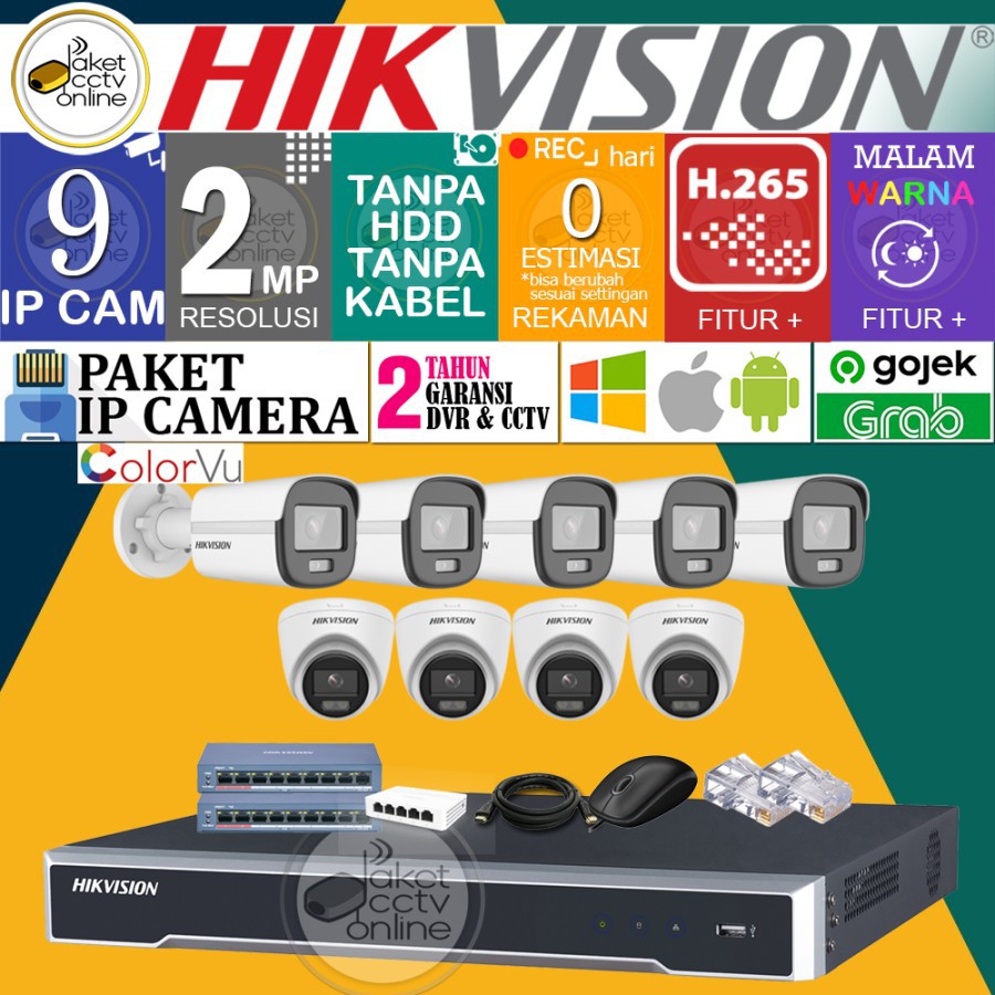 Jual PAKET IP CAMERA 9 KAMERA 2MP HIKVISION COLORVU TANPA KABEL DAN HDD ...