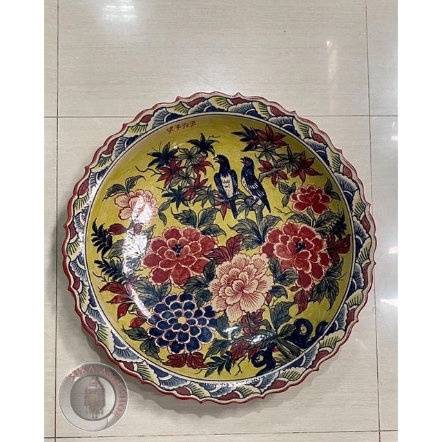 Jual Piring keramik hias motif burung corak kuning size 55 cm | Shopee ...