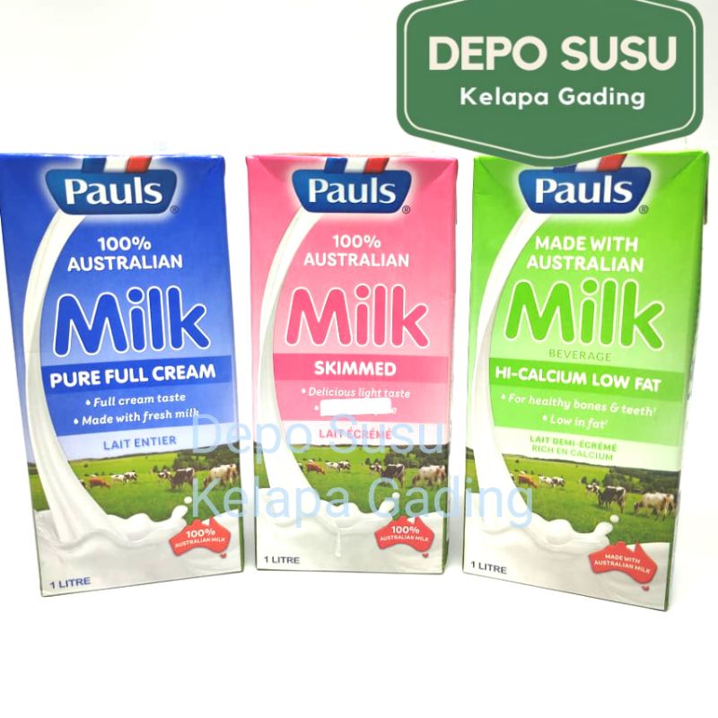 Jual Pauls Australian Pure Milk 1L Full Cream | Skimmed | Hi Calcium ...