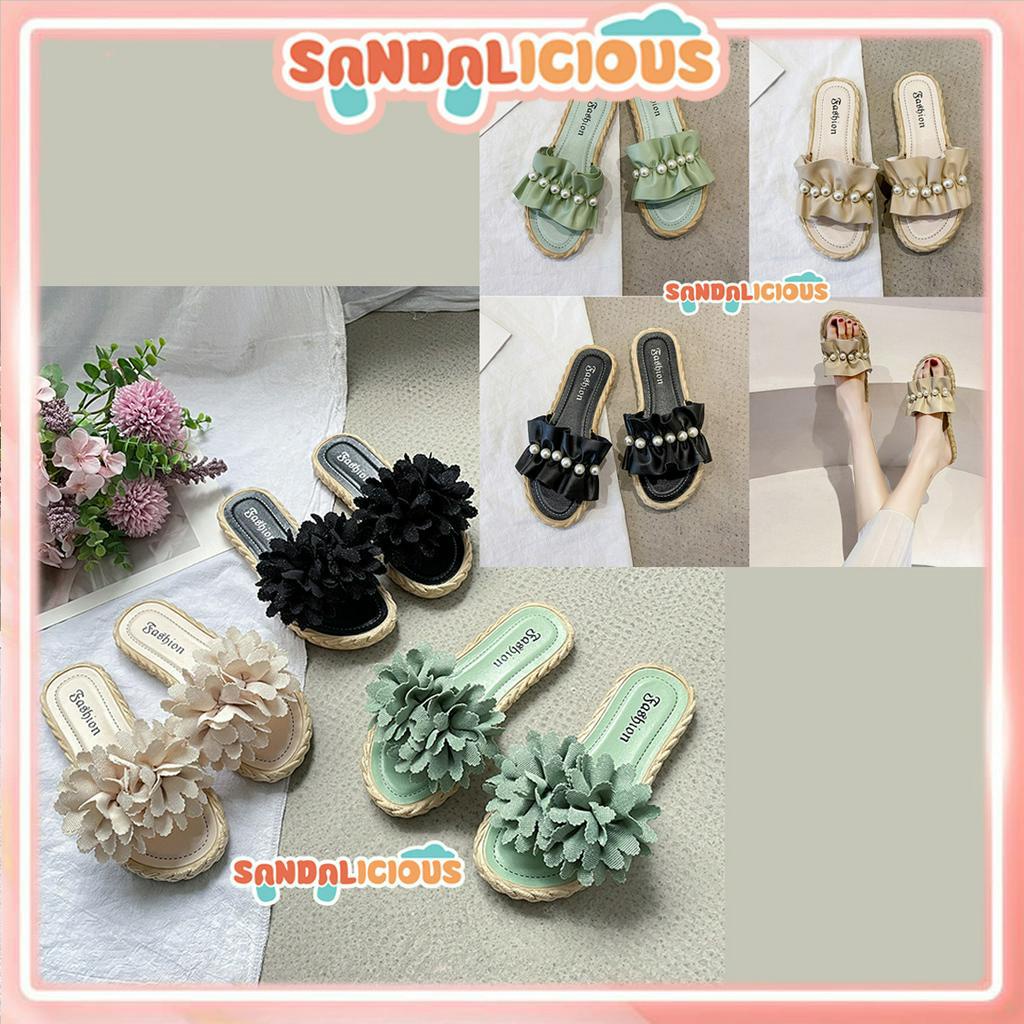 Jual Sandal Slop Fashion Mutiara Dan Bunga / Sandal Flat Karet Super ...