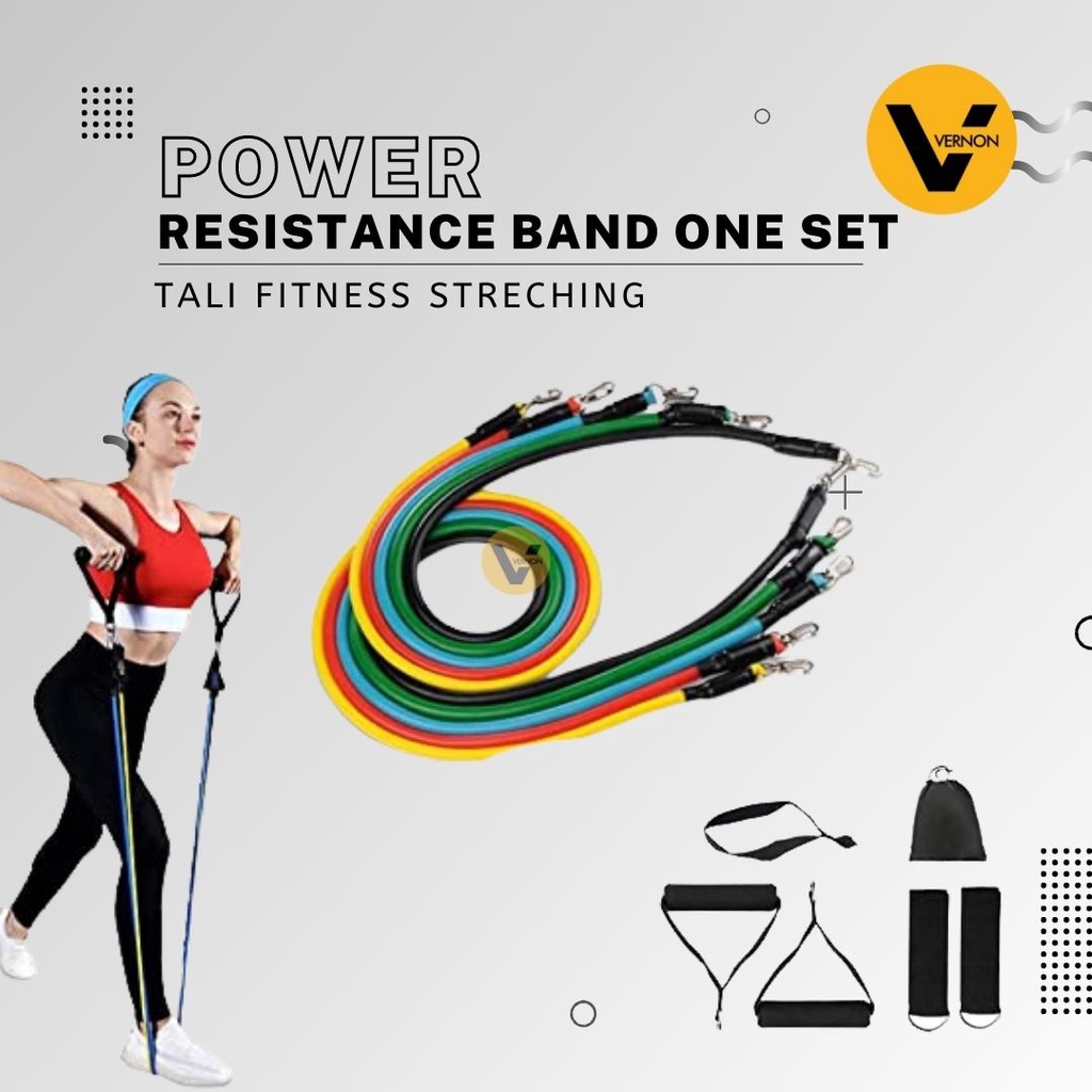 Jual Power Resistance Band Set Tali Tarik Karet Gym Yoga Fitness 11 Pcs ...