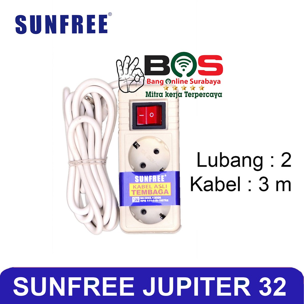 Jual Stop Kontak Arde Saklar Kabel 3 Meter 2 Lubang SNI Sunfree Jupiter 32 | Shopee Indonesia