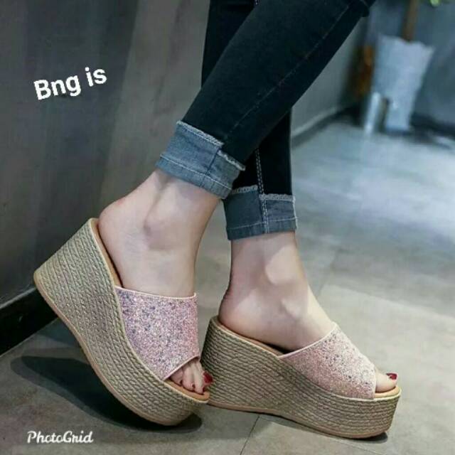 Jual Sandal wedges tinggi sendal wanita pesta santai brukat glitter ...
