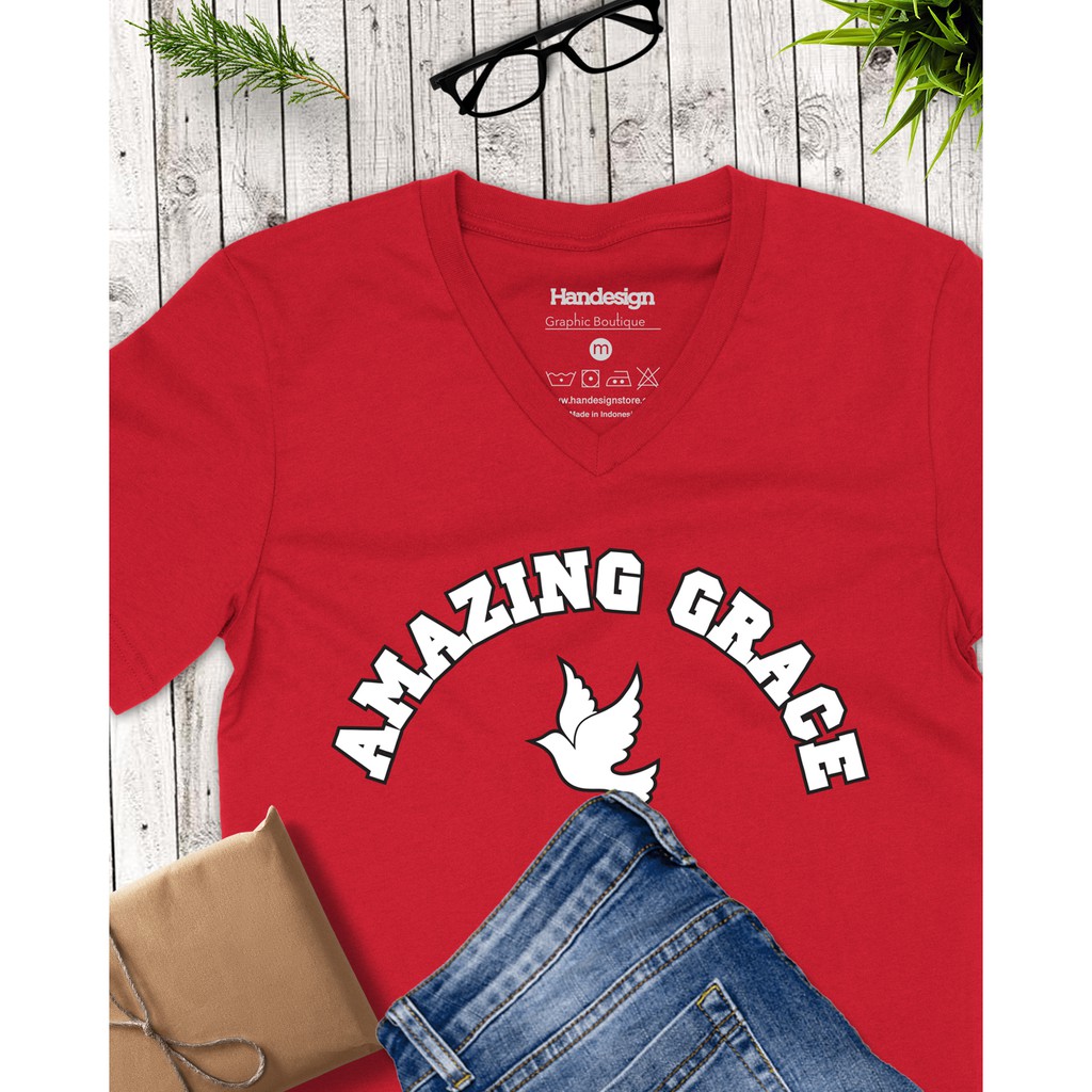 Jual KAOS HANDESIGN V-NECK KATUN COMBED MERAH AMAZING GRACE/ CODE: AG1 ...