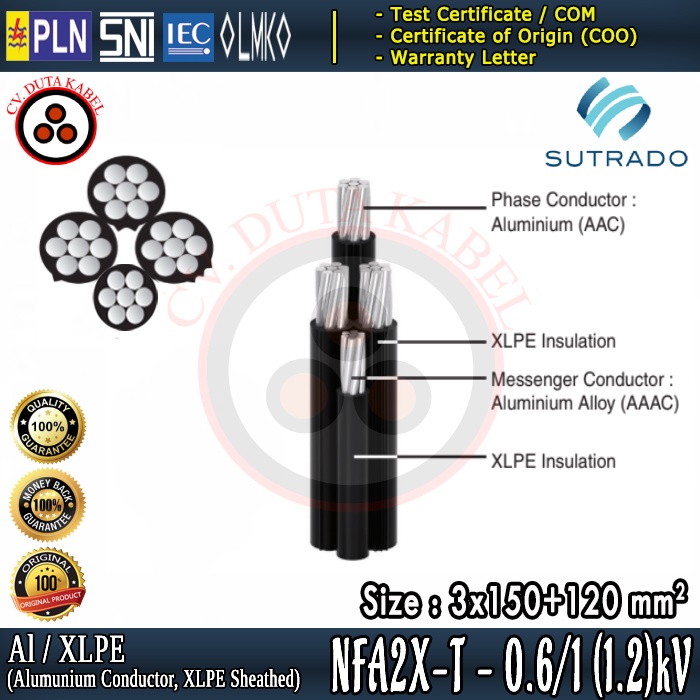 Jual Kabel NFA2X-T 3x150 mm2 + 120 mm2 SUTRADO /Twisted Cable/Kabel ...
